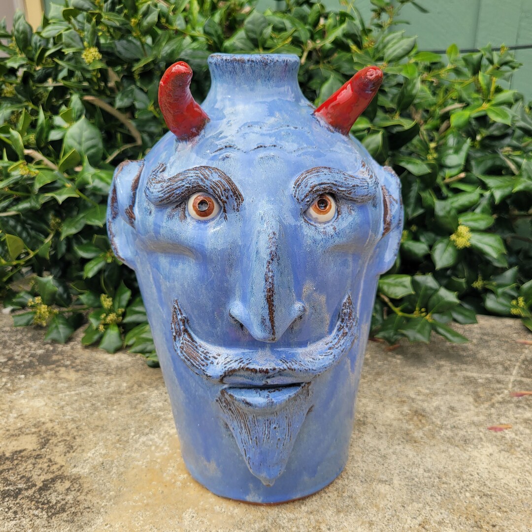 Blue and Red Glazed Devil Face Jug by Billy Joe Craven 12.25 X 7 - Etsy