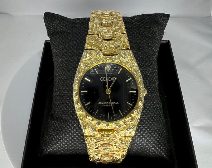 Men's Geneve Diamond Quartz Gold Nugget Gold Tone Watch - Etsy