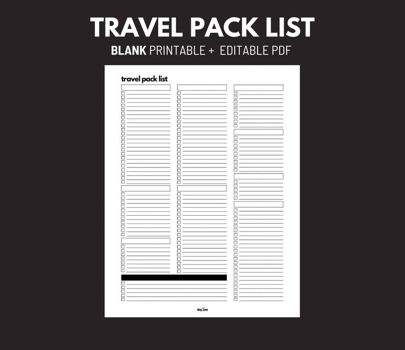 Editable Travel Packing List Template, Printable Checklist (PDF) - Etsy