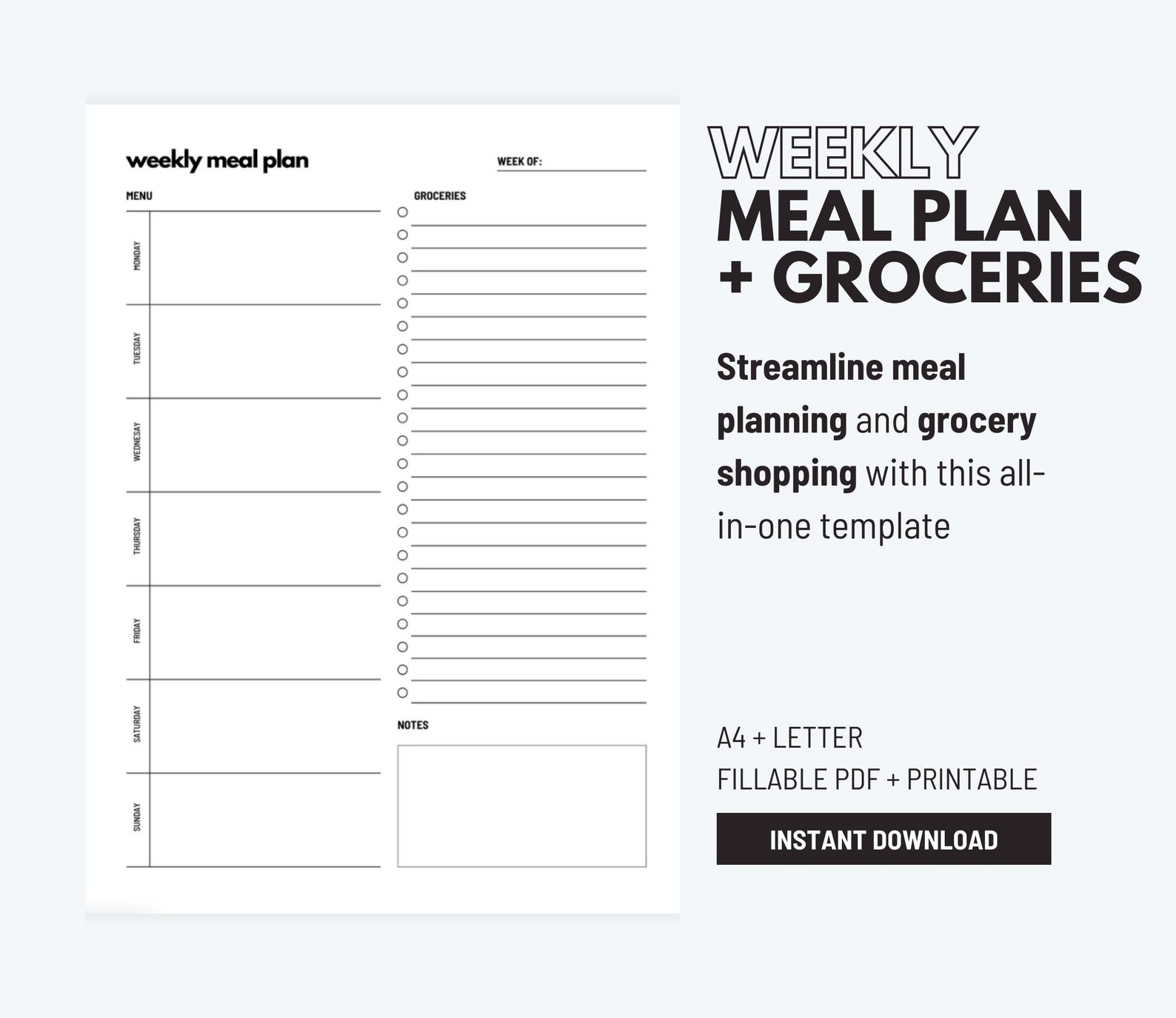 Weekly Meal Plan (with Grocery List) Printable Template, 7 Day Menu ...