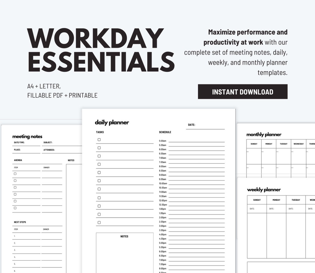 Workday Bundle - Work From Home, Meeting Notes, Daily Planner, Weekly ...