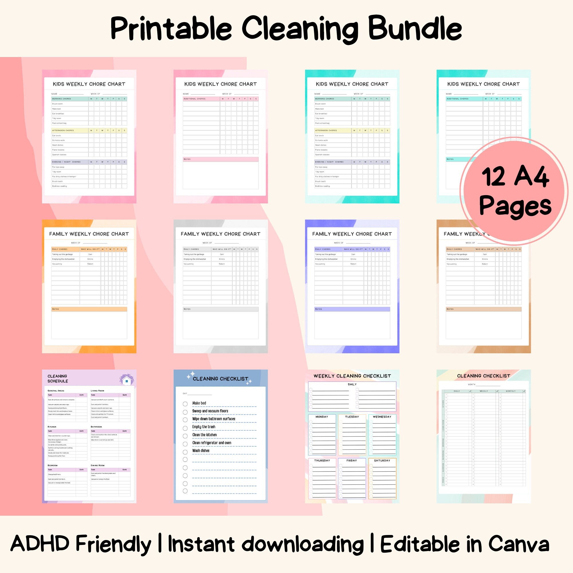Editable Cleaning Checklist Bundle, Printable Cleaning Planner, Kids ...