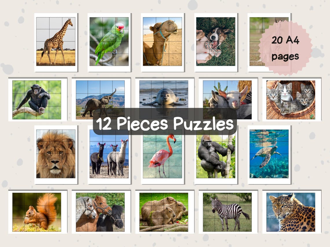 12 Pieces Puzzles for Kids, Animal Puzzles for Children, Printable ...