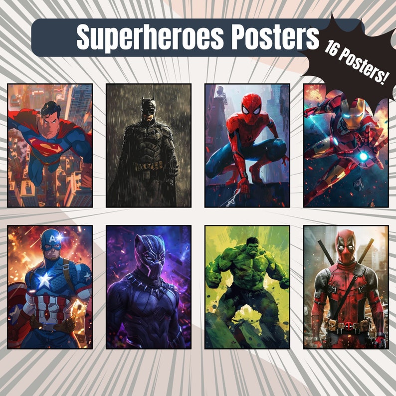 Set 16 Superheroes Printable Posters JPG Download Print Digital Marvel ...