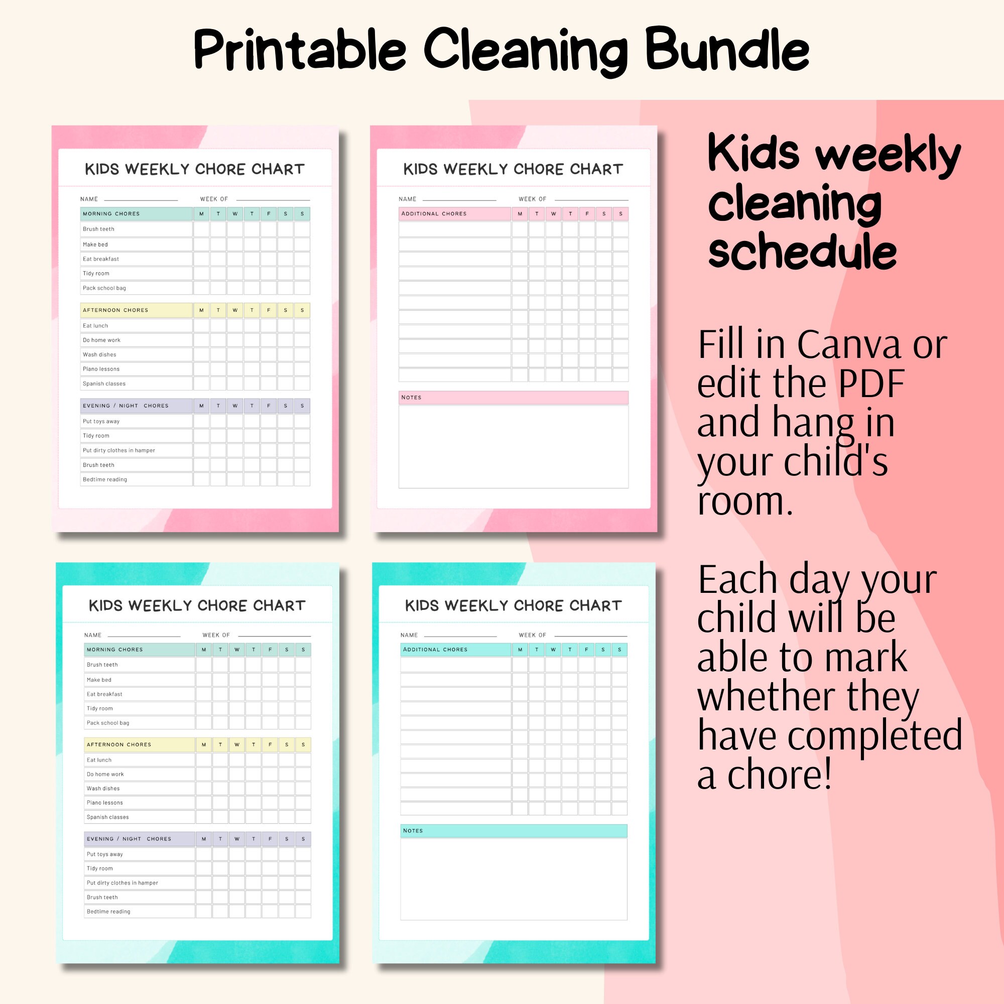 Editable Cleaning Checklist Bundle, Printable Cleaning Planner, Kids ...
