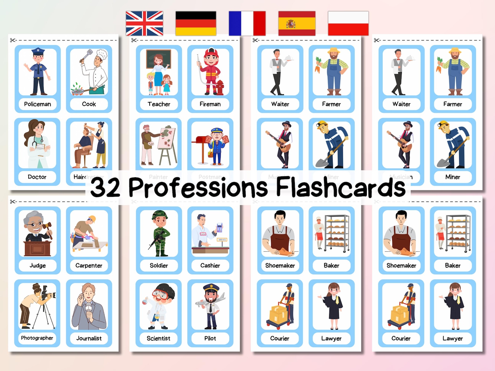 32 Professions Flashcards for Kids, Occupations Flash Cards, Children ...