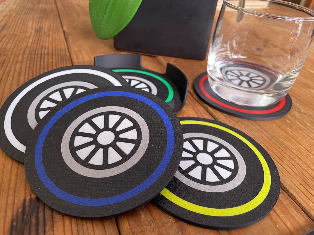 Tire Coaster Set (5 Coasters W/ Free Holder) | F1 Gifts | Home Decor ...