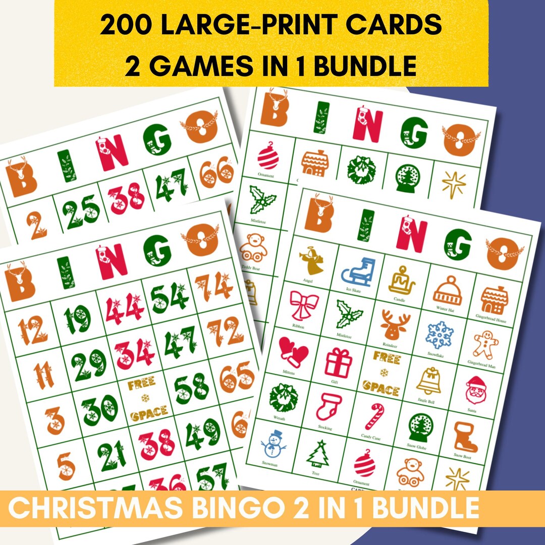 Christmas Bingo Bundle 200 Festive Cards 2 Holiday Games in 1 Picture ...