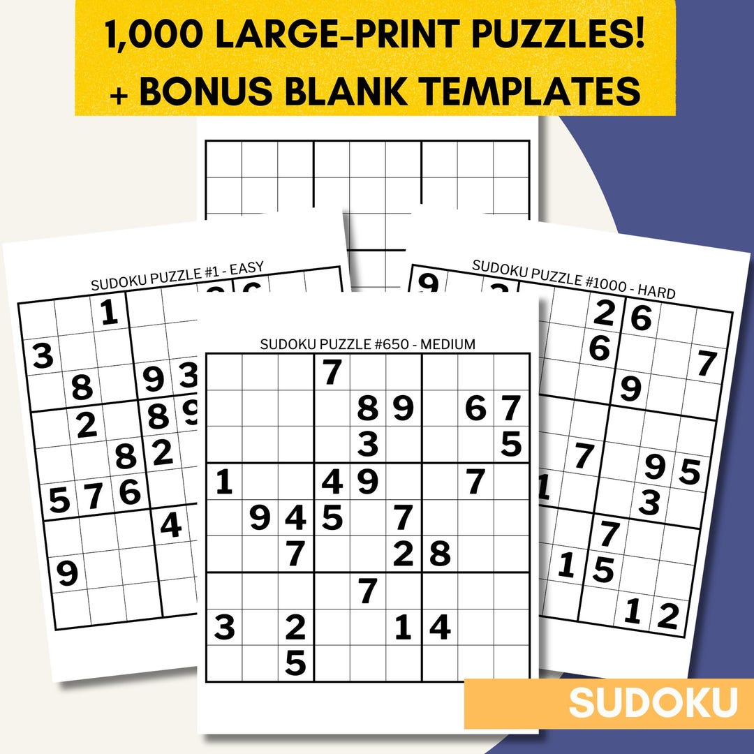 Jumbo Large Print 1,000 Sudoku Puzzles | Easy, Medium, & Hard | Bonus ...