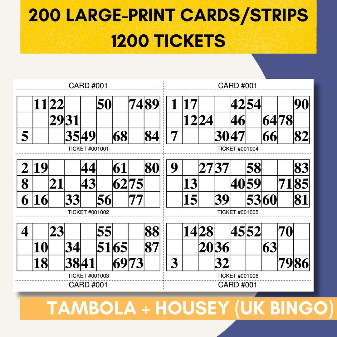 Jumbo Print 1,200 Tambola Tickets! 200 UK Style Bingo Strips! 200 Pages ...