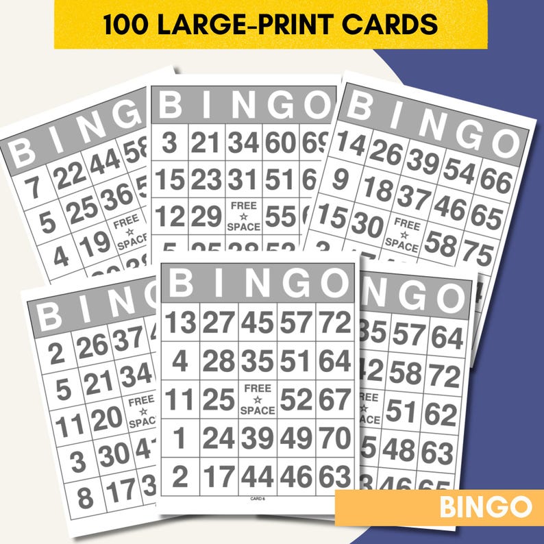 Jumbo Large Print 100 Bingo Cards, New Design! | 1 per Page | Printable ...