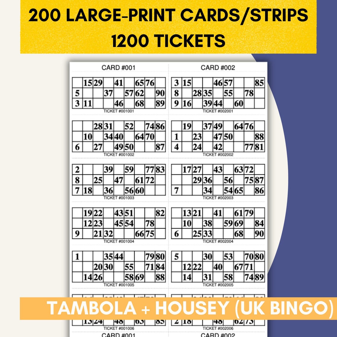 Large Print 1,200 Tambola Tickets! 200 UK Style Bingo Strips! 100 Pages ...