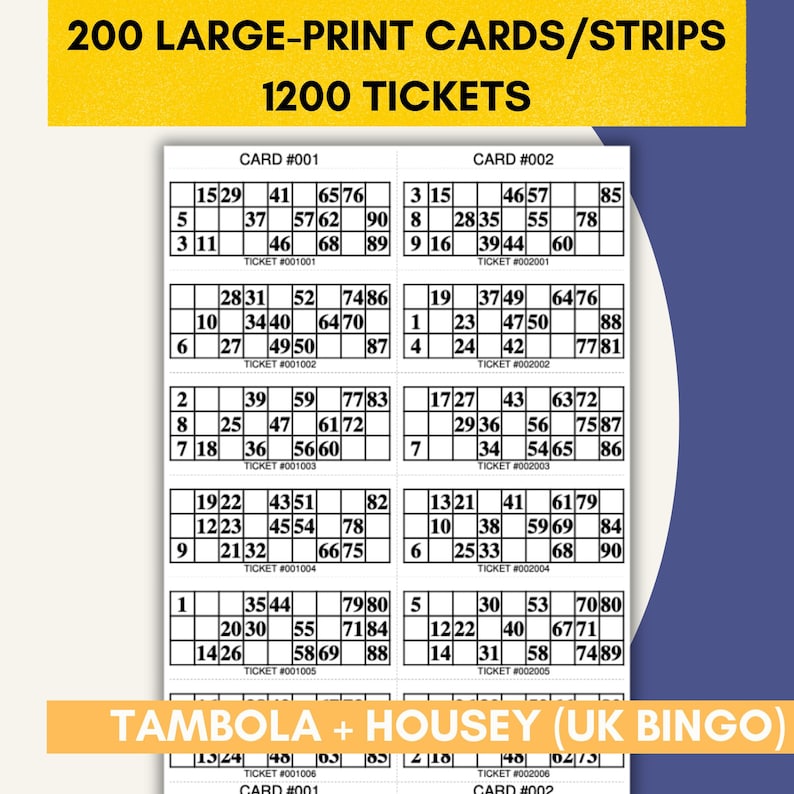 Large Print 1,200 Tambola Tickets! 200 UK Style Bingo Strips! 100 Pages ...