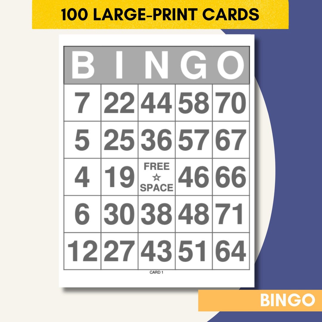 Jumbo Large Print 100 Bingo Cards, New Design! | 1 per Page | Printable ...