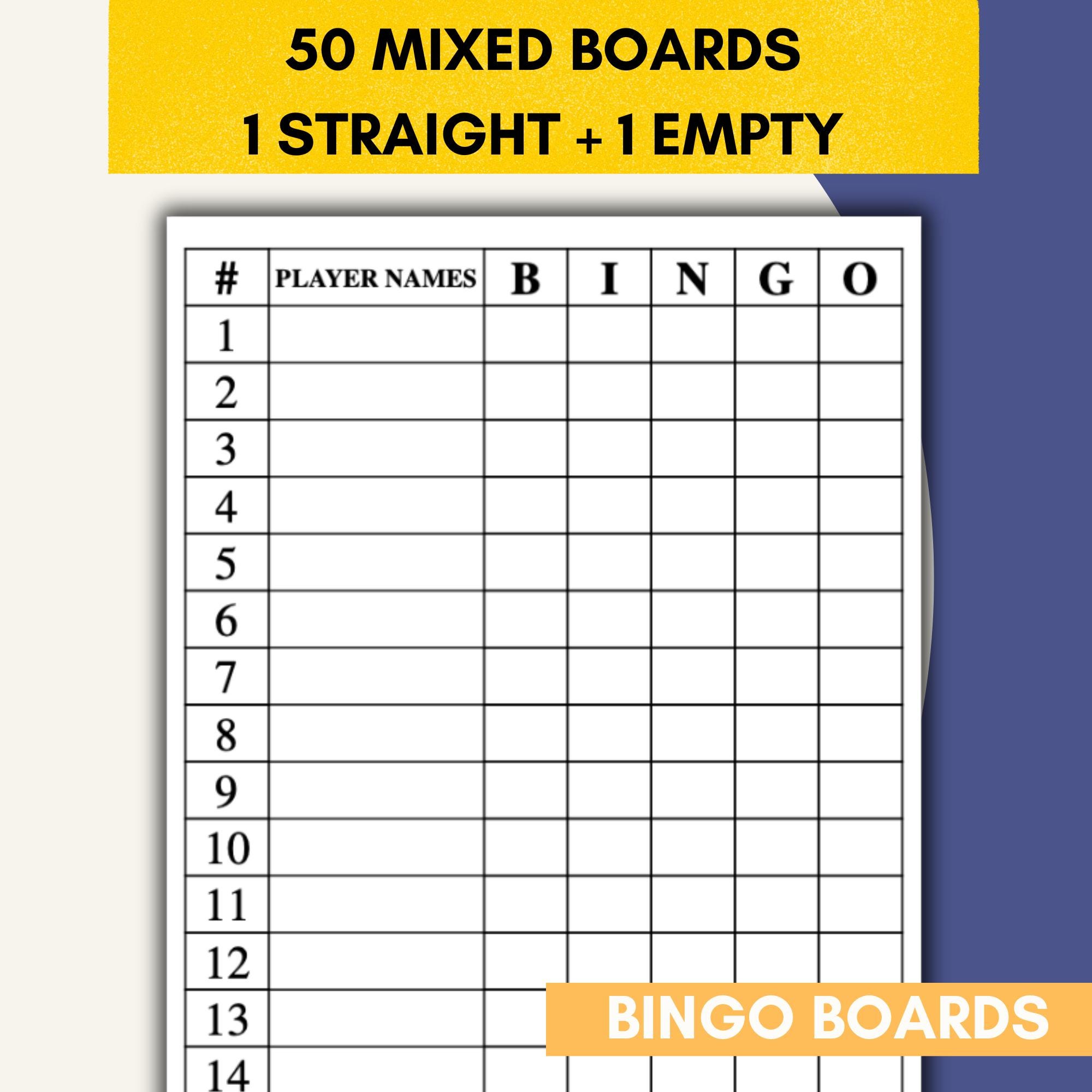 50 Mixed Bingo Boards, 1 Straight, 1 Blank, 52 Unique Boards in Bundle ...