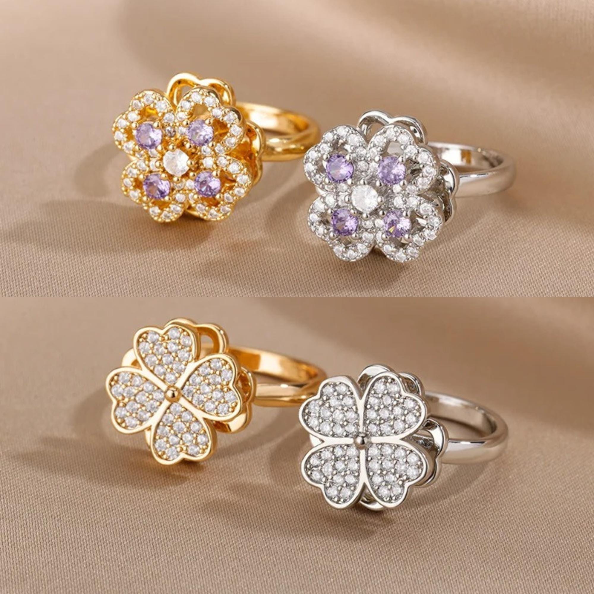 Gold Anxiety Fidget Spinning Four Leaf Clover Ring Adjustable Windmill ...