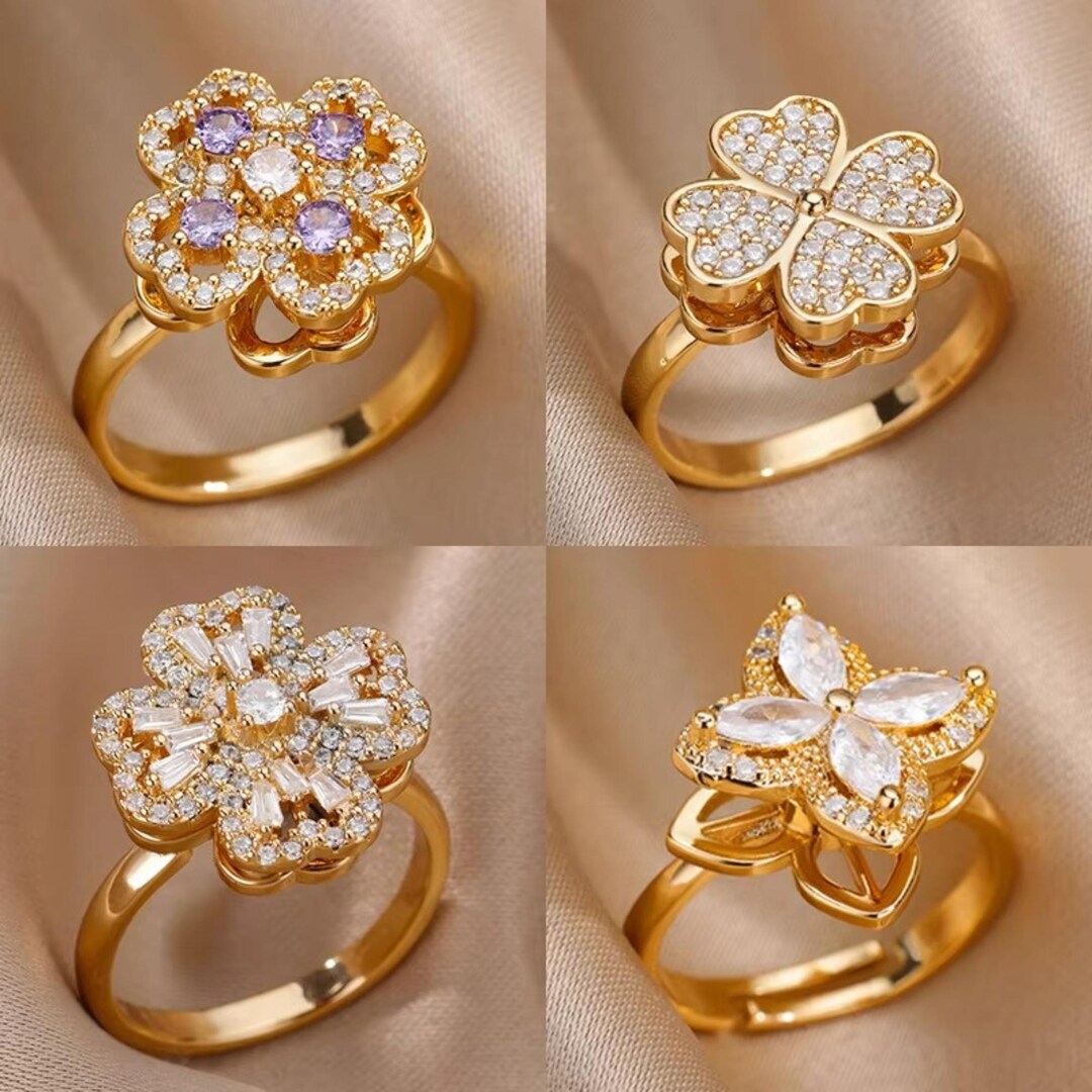 Gold Anxiety Fidget Spinning Four Leaf Clover Ring Adjustable Windmill ...