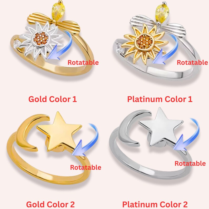 Gold Anxiety Fidget Spinning Four Leaf Clover Ring Adjustable Windmill ...