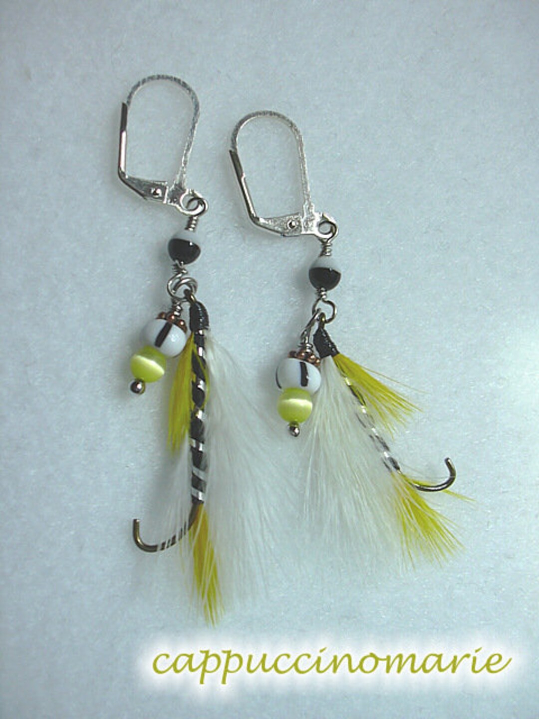 Sporty! Yellow Black White Feather Fish Hook Lure Spinner Dangle ...