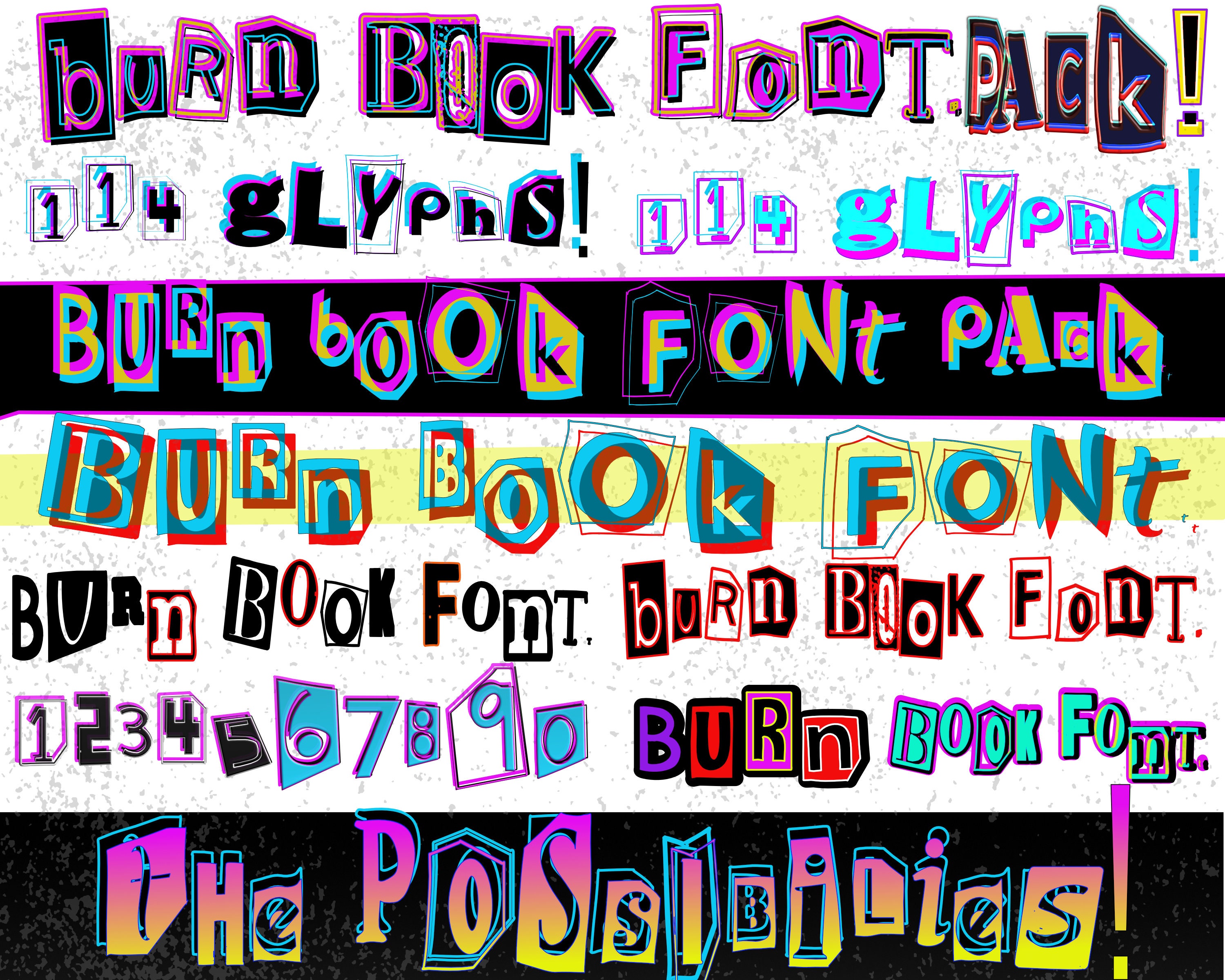 Burn Book Font Pack With 114 Glyphs Png Image Files Svg Ransom Fonts ...