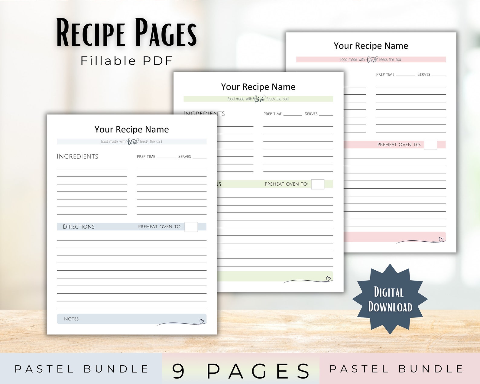 Editable Recipe Page Bundle - Fillable Cookbook Pages - Personalized ...