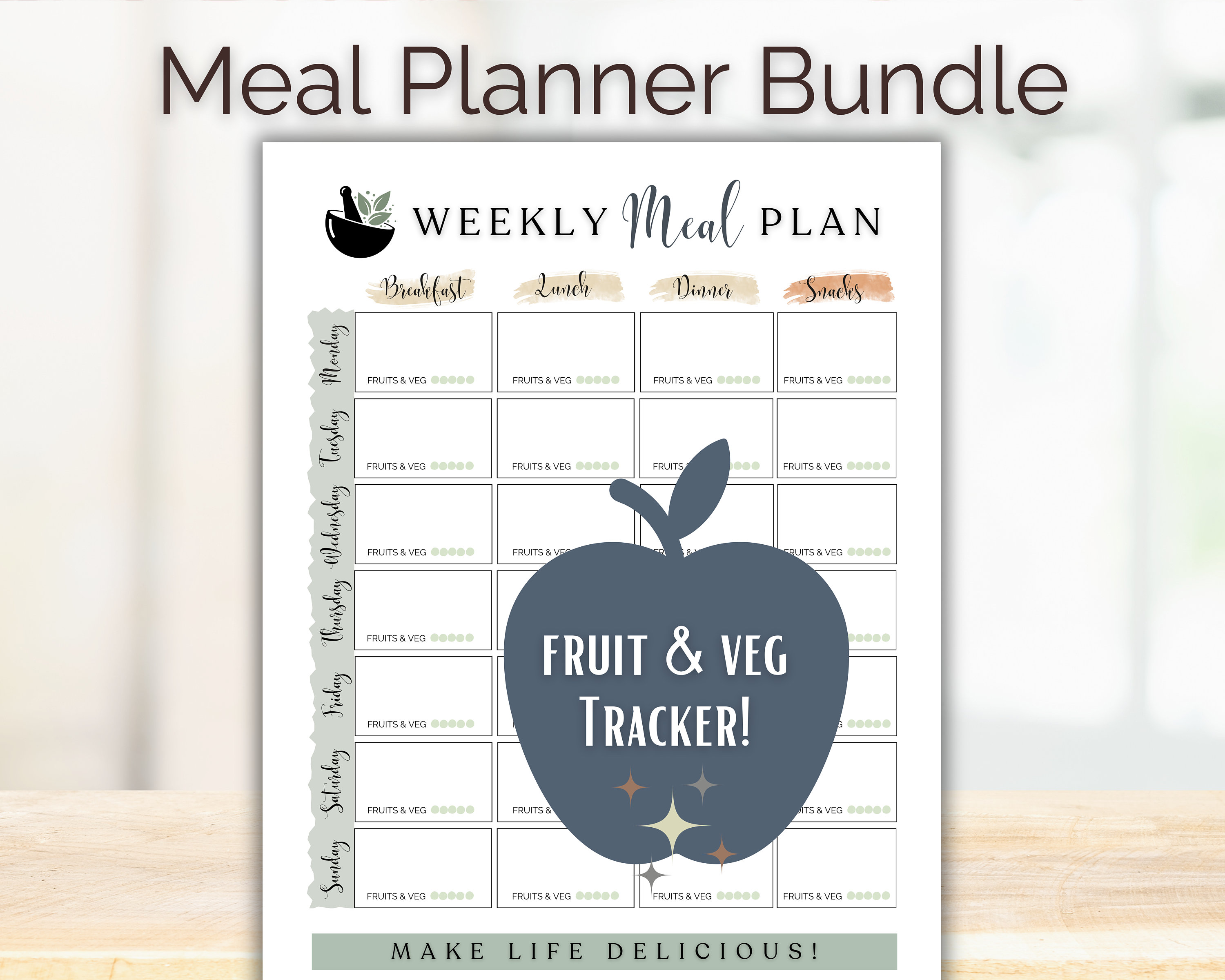 Weekly Meal Planner Printable, Meal Tracker, Food Journal, Fruit and ...