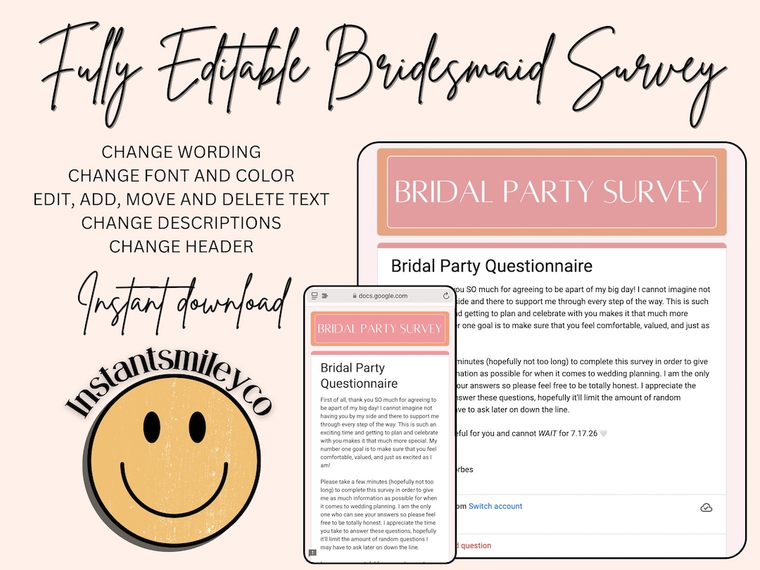 Bridal Party Survey, Wedding Planning, Digital Download, Bridesmaid ...