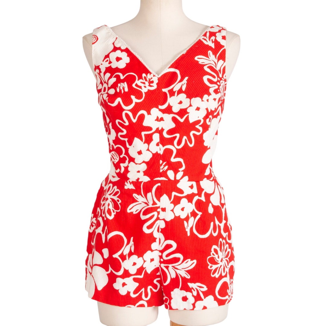 1960s Red and White Floral Swimsuit | Bust 36" | Vintage - Etsy