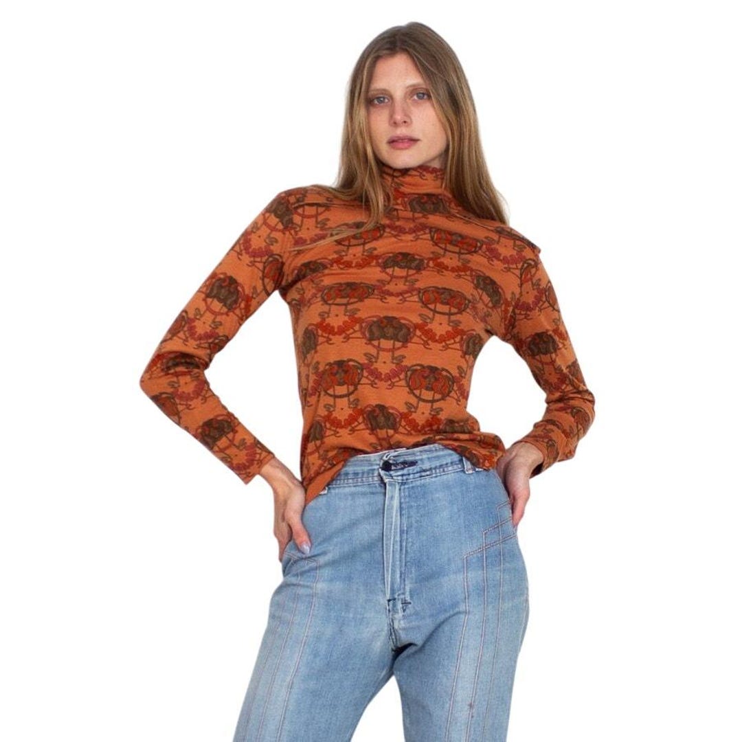 1970s Goddess Top | Orange Novelty Button up | Small | Vintage - Etsy