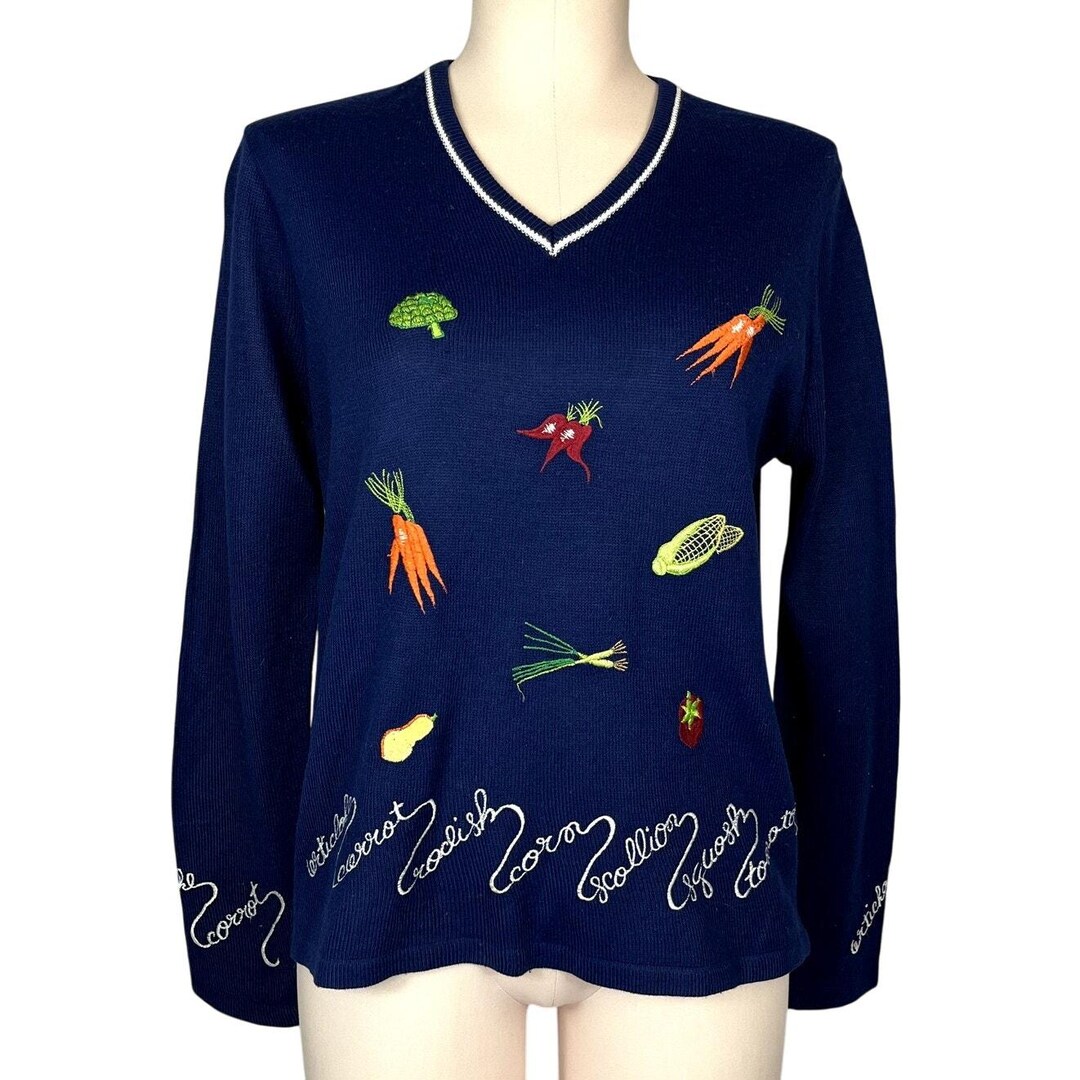 70s Vegetable Embroidery Sweater | Novelty | Medium | Vintage - Etsy