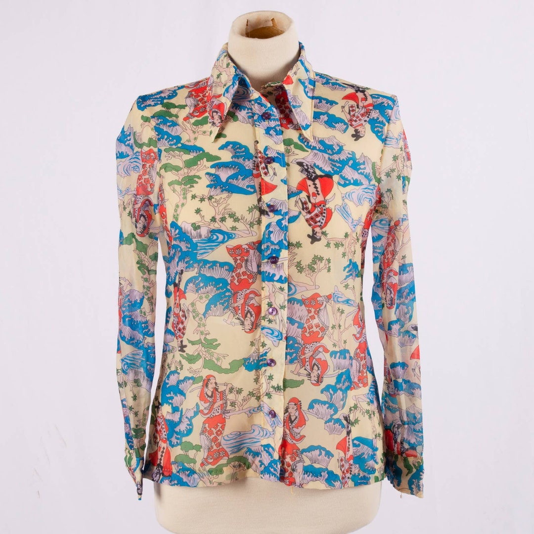 70s Samurai Figure Button up Blouse Dagger Collar | Bust 39" | Waist 37 ...