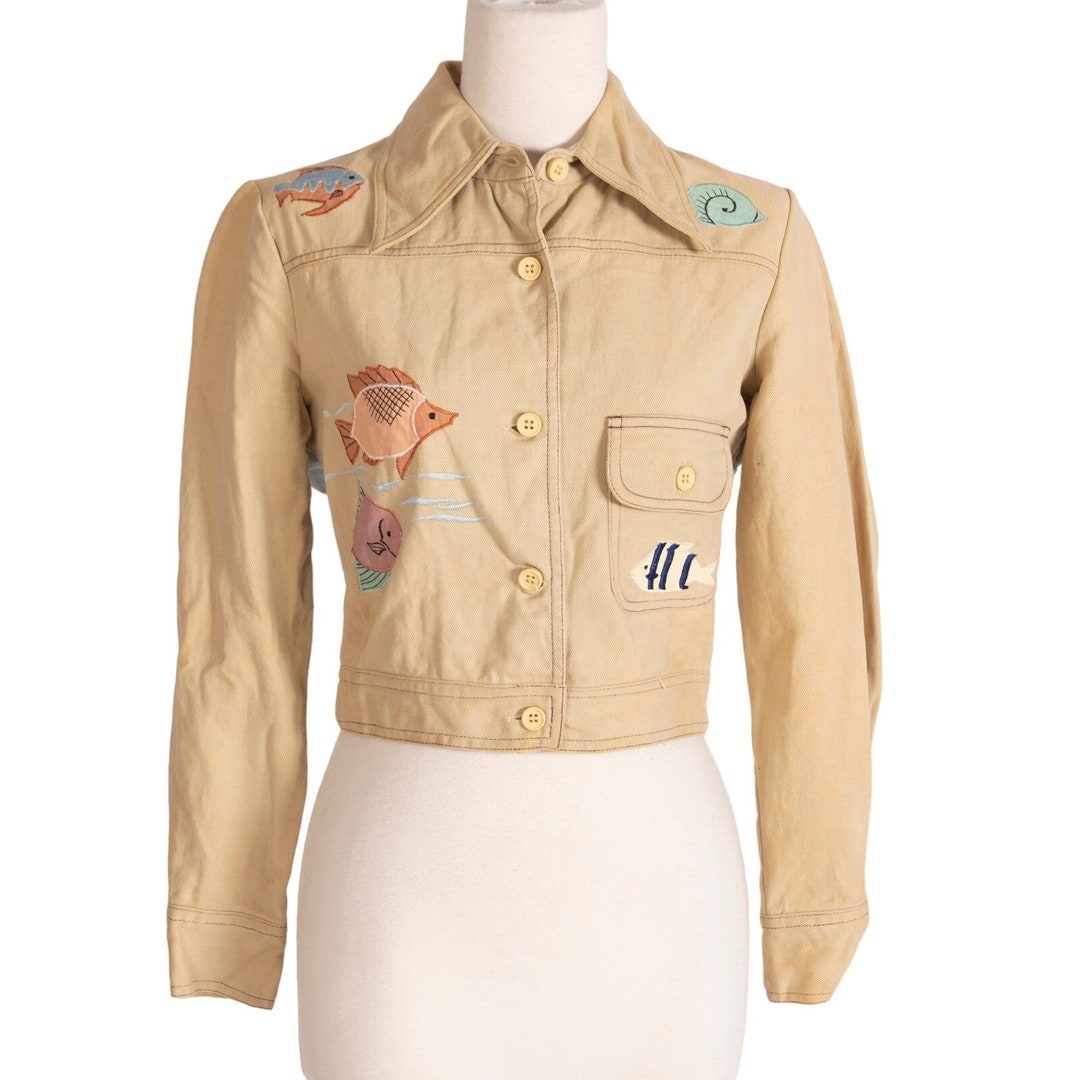 1970s Crop Denim Jacket | Under the Sea | Bust 36" | Applique | Fish ...