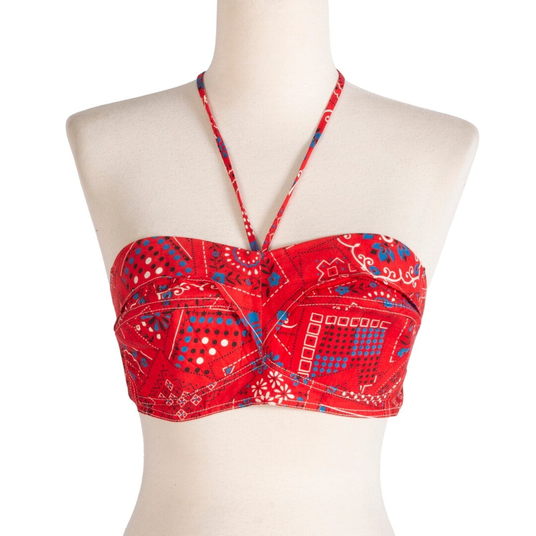 1950s Red Halter Sun Top | Bust 30" | Bandana Print Petal Bust ...