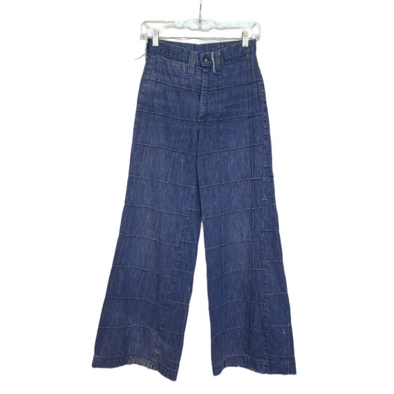 1970s Window Pane Denim Bellbottoms | Waist 26 | Inse… - Gem