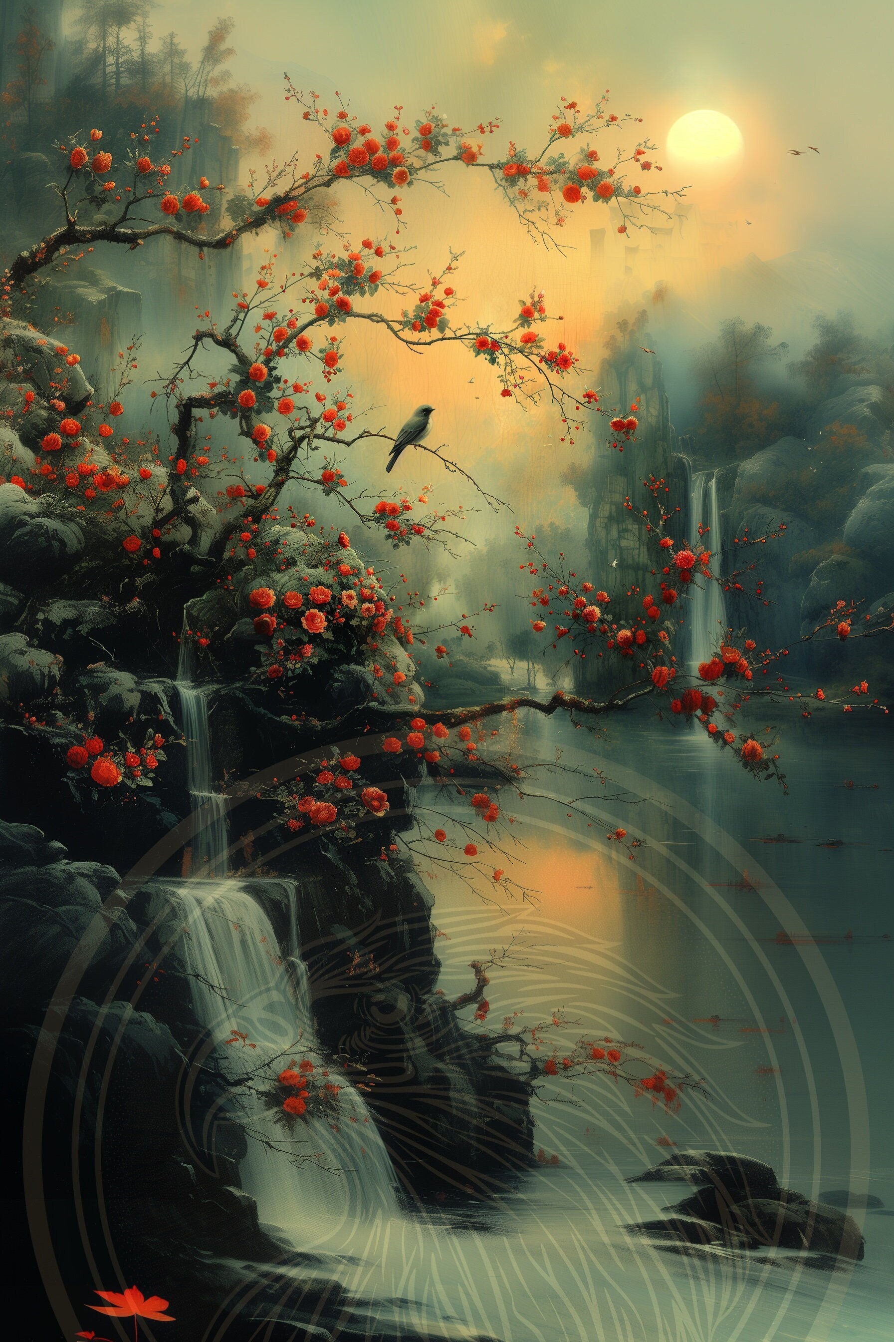 Twilight Mist PNG, Tree Oil Painting, Waterfall Art, Gauzy Sunlight in ...