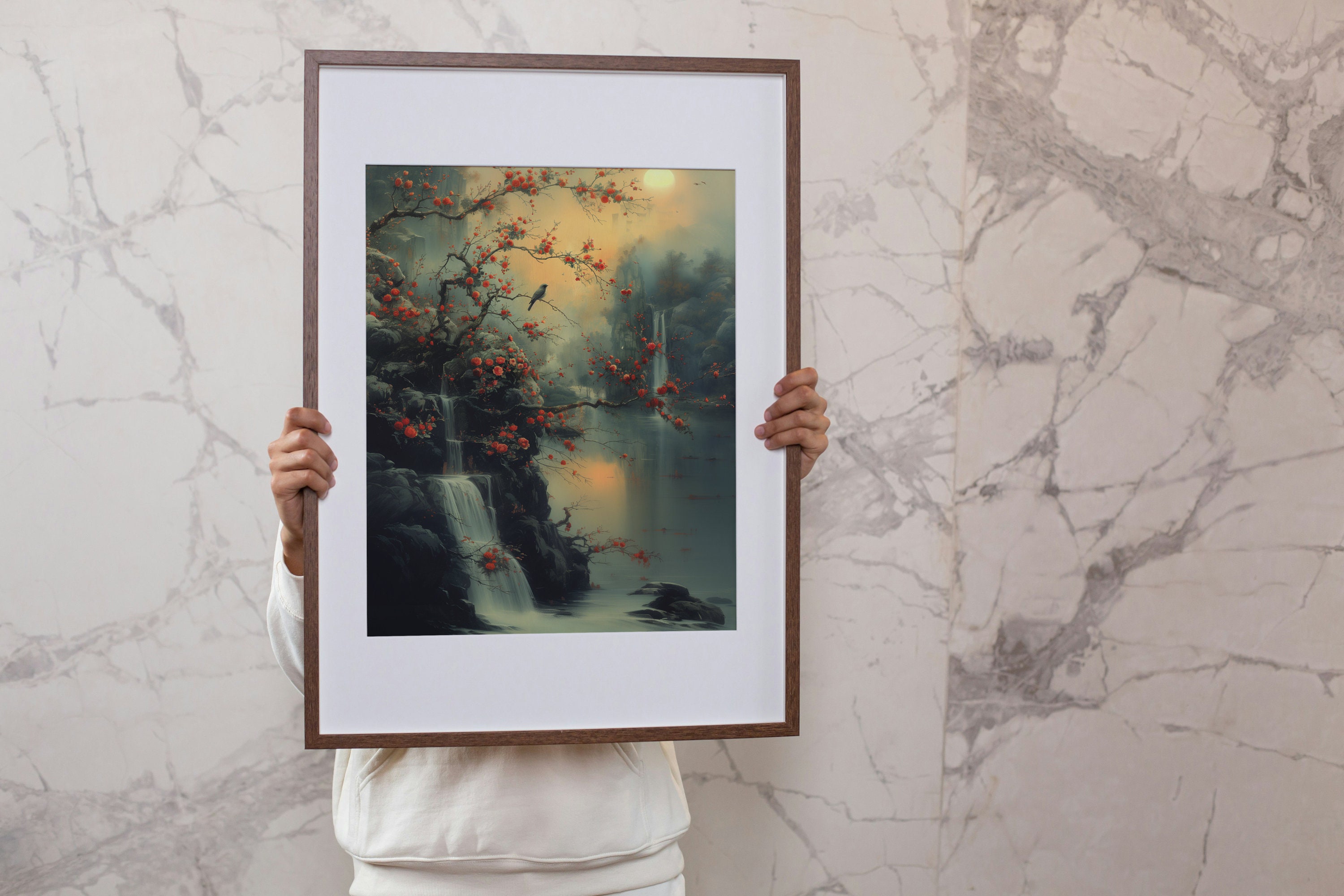 Twilight Mist PNG, Tree Oil Painting, Waterfall Art, Gauzy Sunlight in ...
