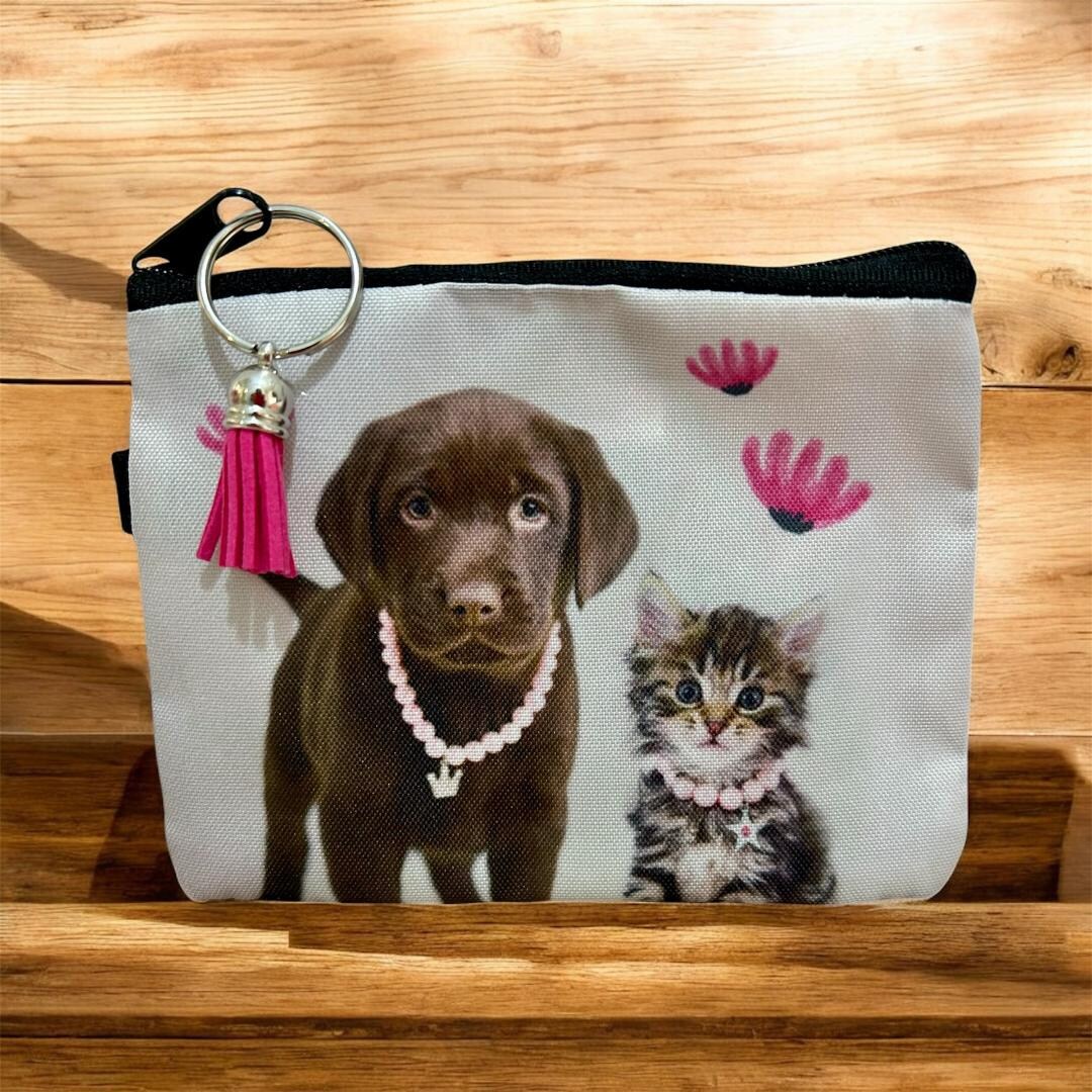 Coin Purse, Puppy Dog and Kitten Zipper Pouch With Pink Tassel. Wallet ...