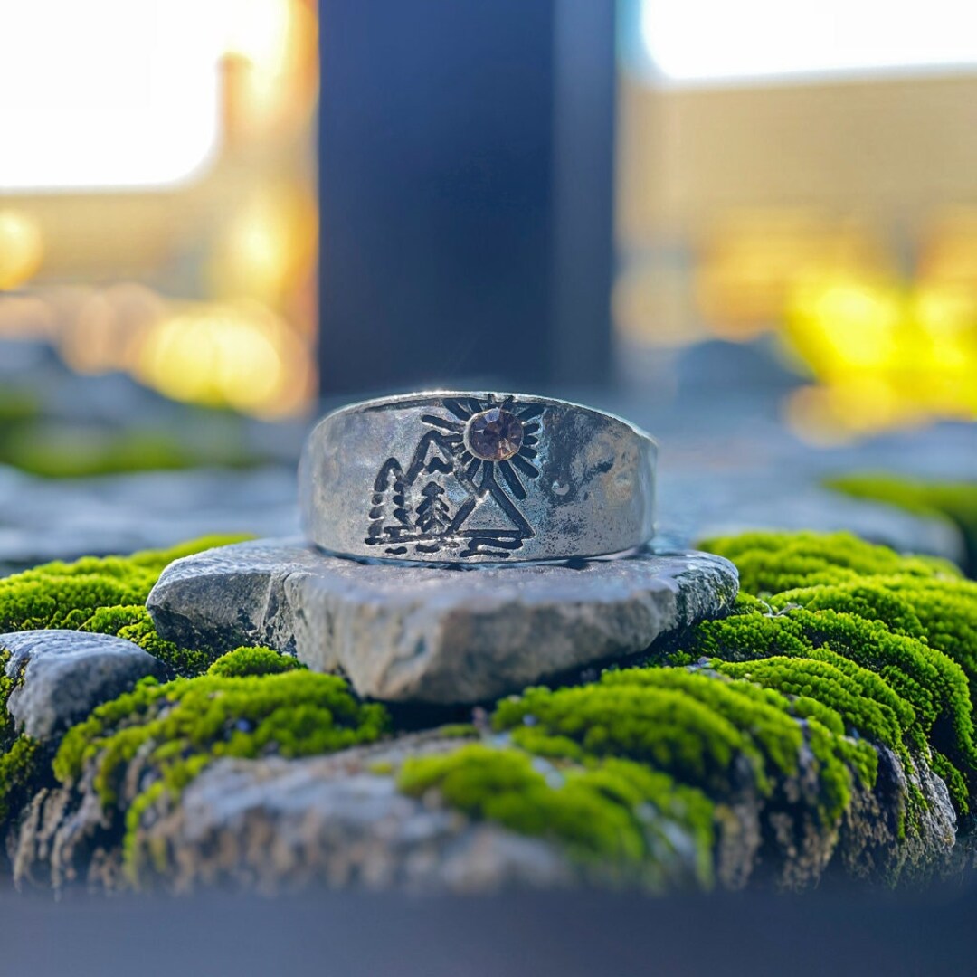 Forest Mountain Sunset Ring for Women Nature Landscape Carved Men ...