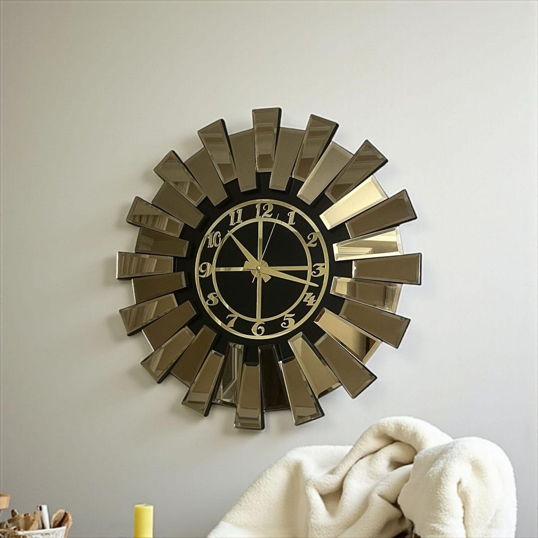 Large Gold Minimalist Mirror Wall Clock, Geometric 3d Sunburst Bronze ...