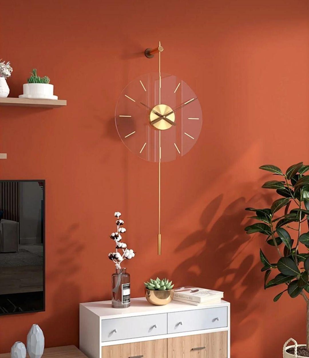 Gold Pendulum Glass Mirror Large Wall Clock Modern and Minimalist ...