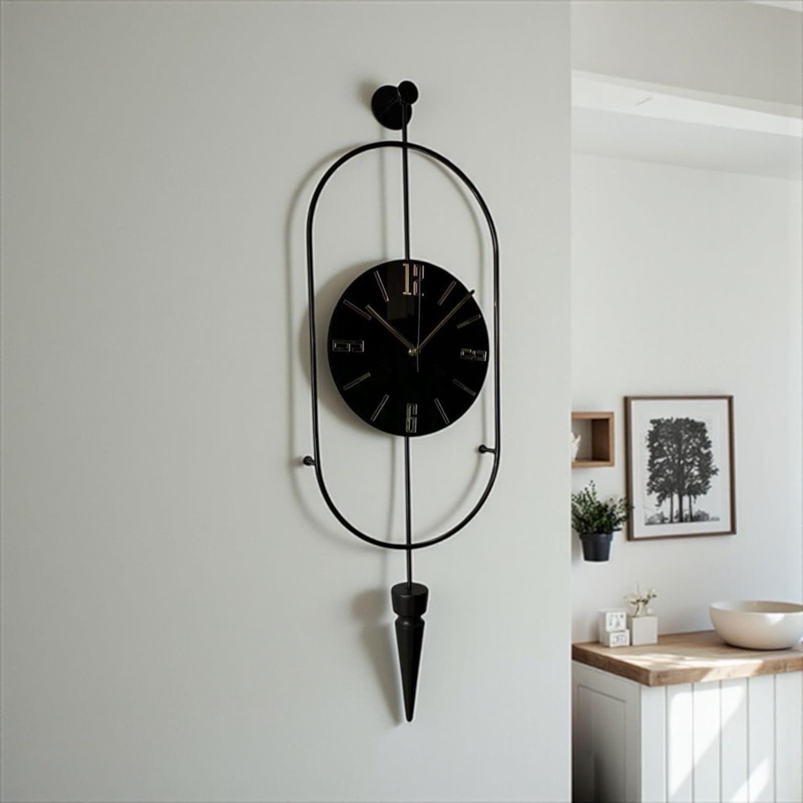 Modern Gold Metal Wall Clock With Pendulum | Minimalist Vertical Wall ...