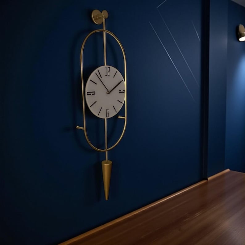 Modern Gold Metal Wall Clock With Pendulum | Minimalist Vertical Wall ...