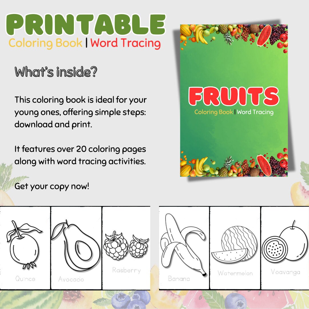 PRINTABLE Coloring Book & Word Tracing FRUITS - Etsy