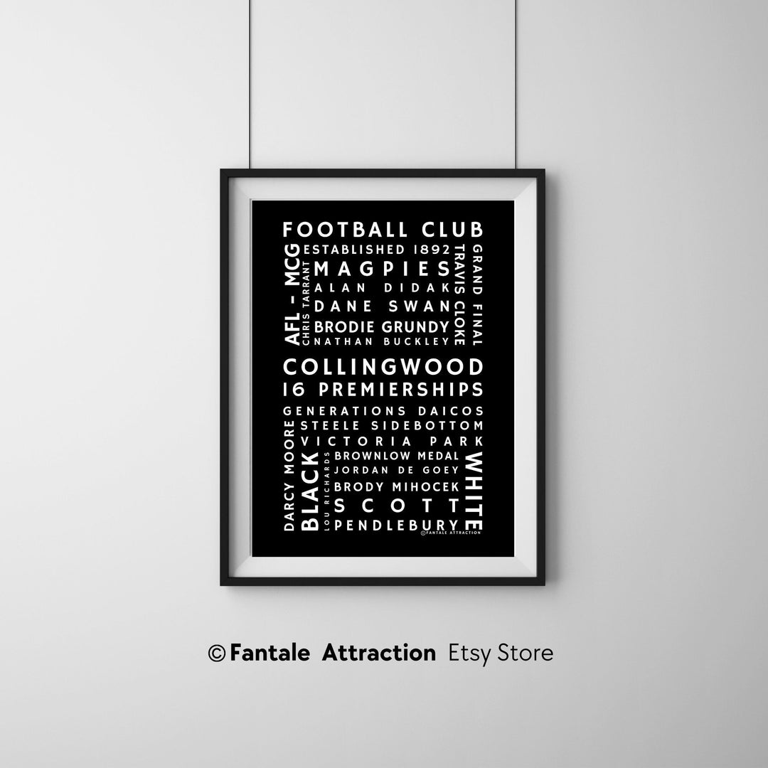 AFL Collingwood Football Club Poster in Black and White, Word Art for ...