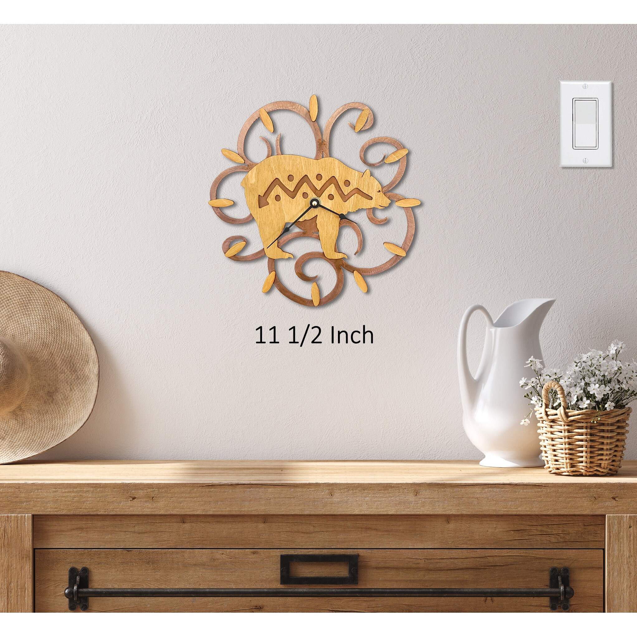 Bear Swirl Clock Metal Wall Art, Black Bear, Brown Bear Wood Clock With ...