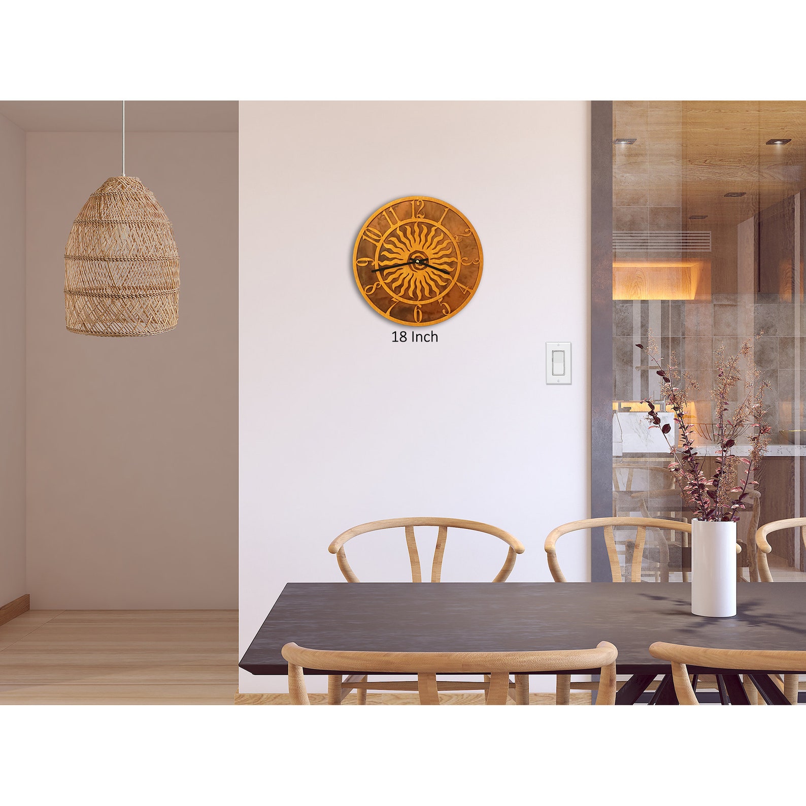 Tableau Sun Clock, Sunburst Wall Clock With Wood Face Mounted on Rusted ...