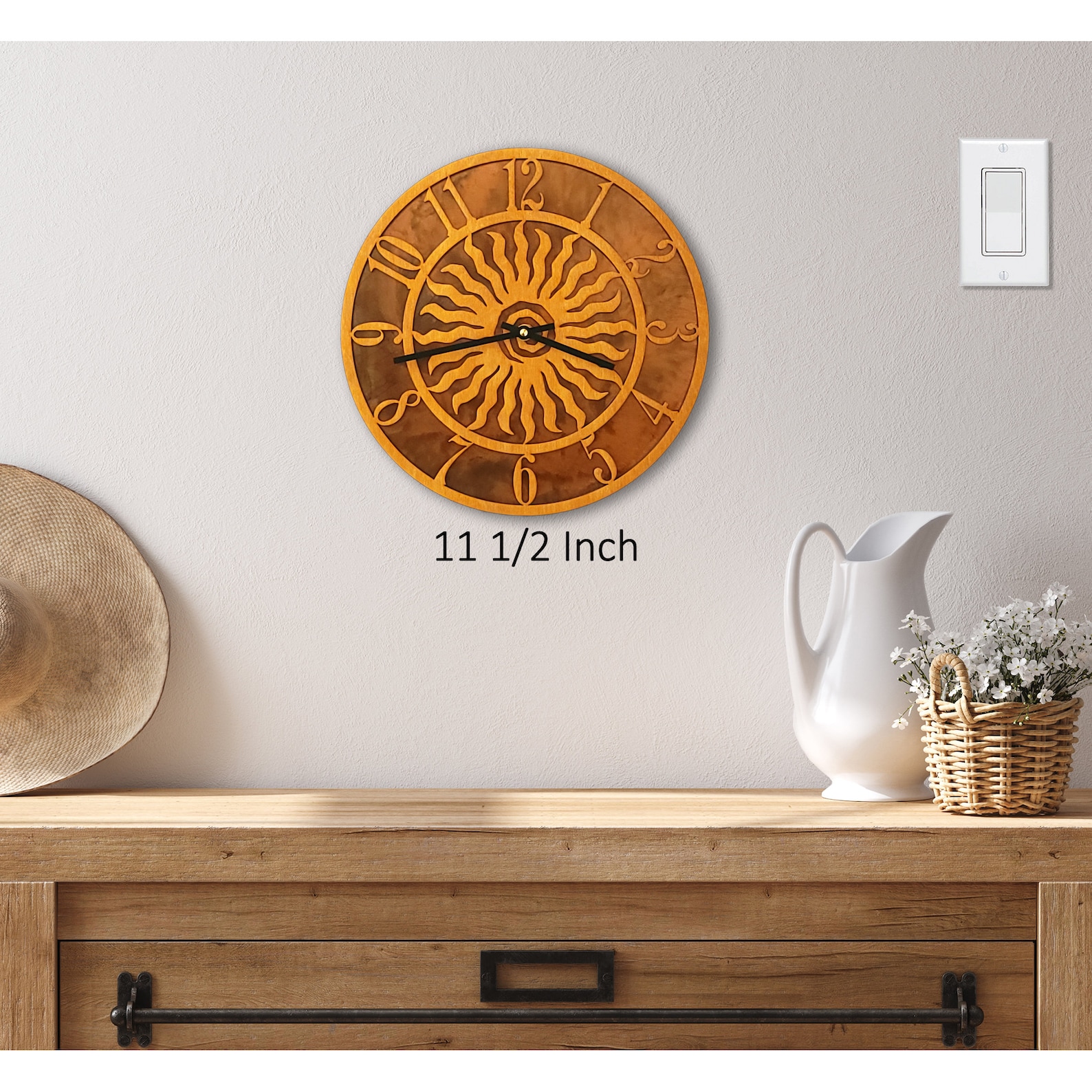 Tableau Sun Clock, Sunburst Wall Clock With Wood Face Mounted on Rusted ...