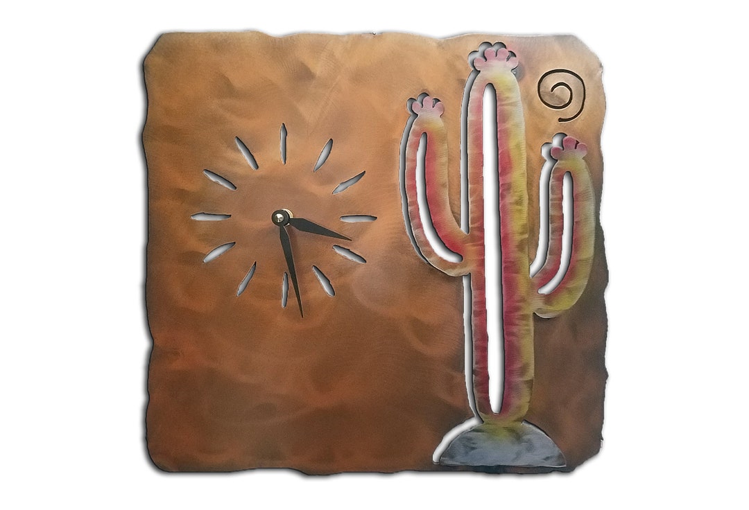 Cactus, Southwest Cut Out Clock, Metal With Sunset Swirl Finish ...
