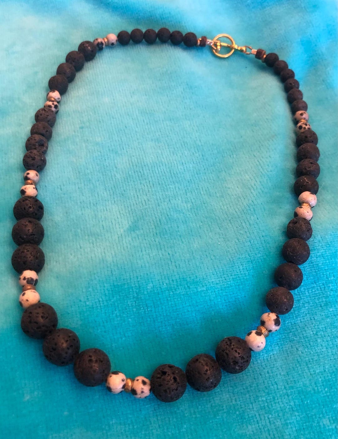 Lava Bead Necklace With Dalmatian Jasper and Goldtone Accents - Etsy