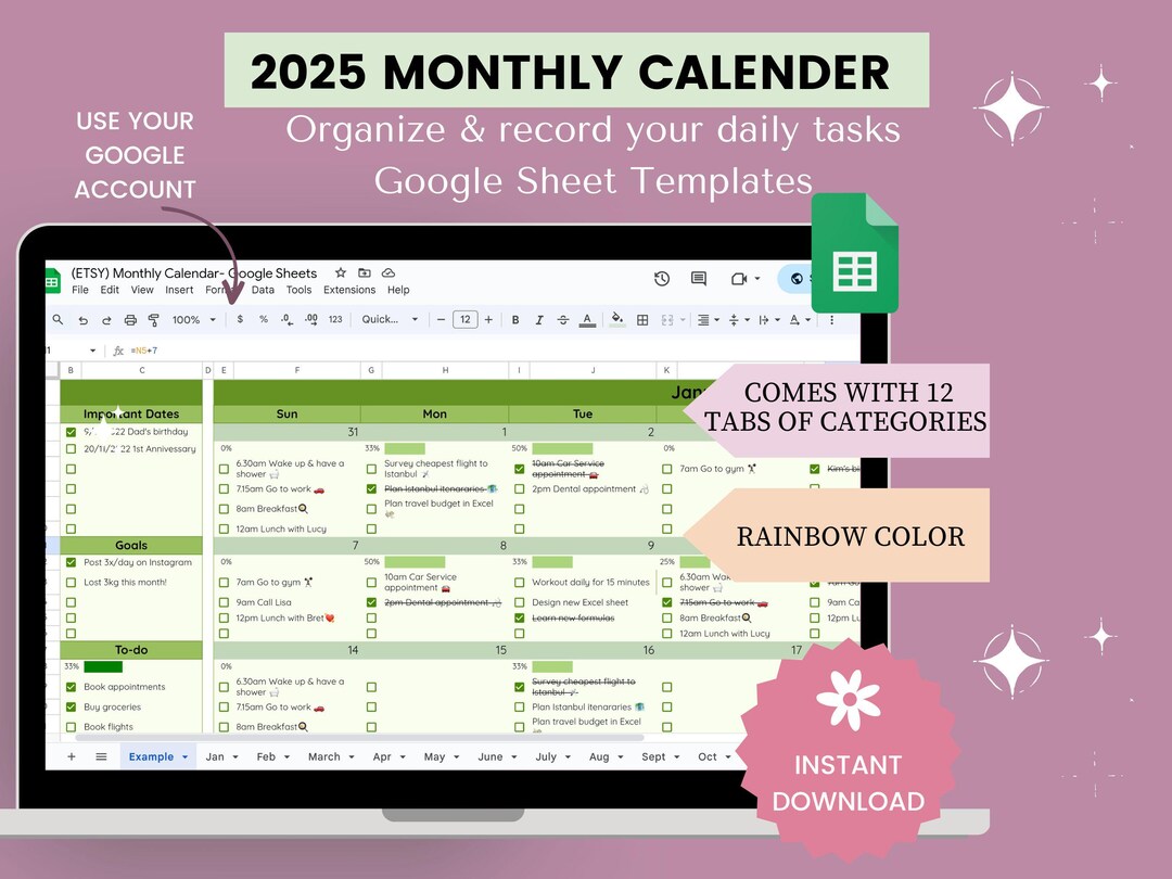 2025 Digital Calendar Spreadsheet | Google Sheet Planner Template ...